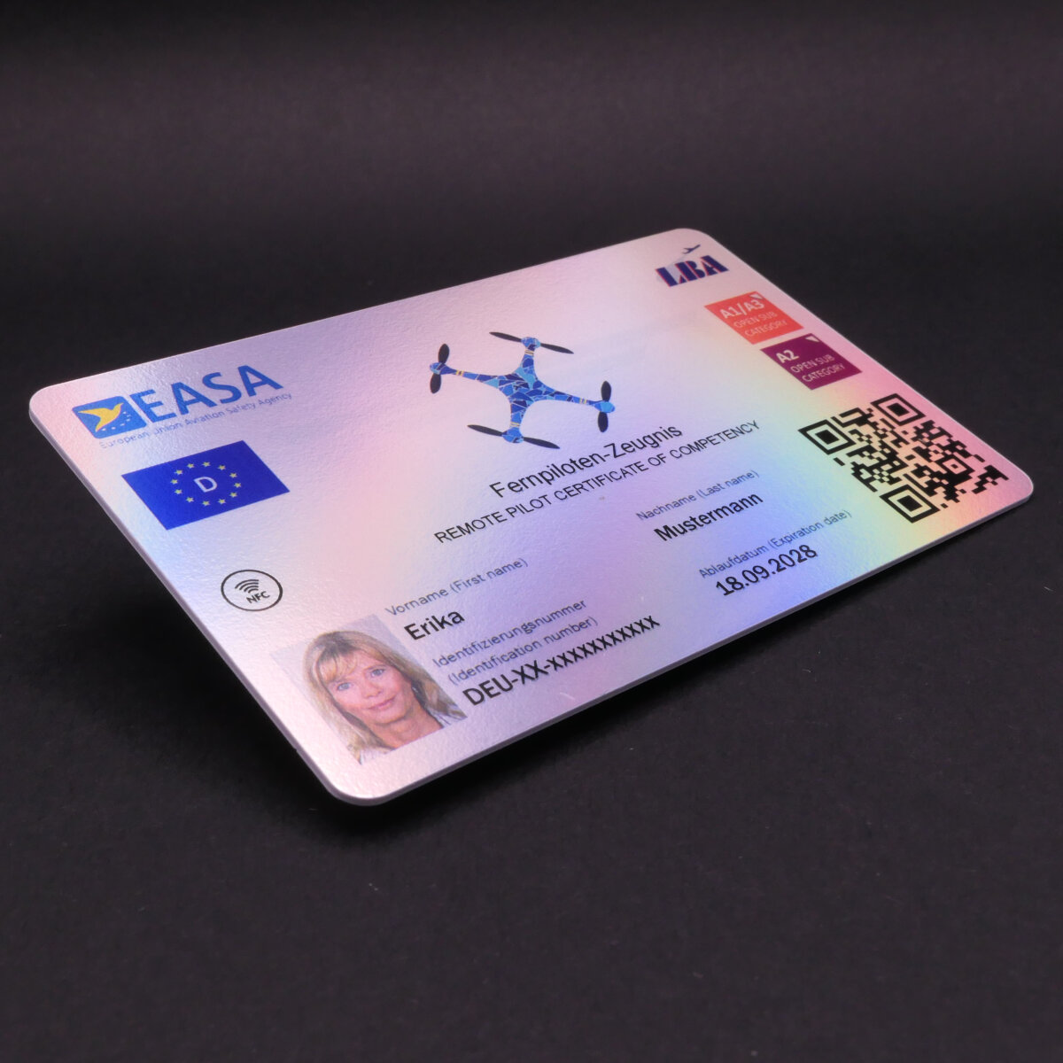 EU Drone License as holographic NFC Card printed with Image, 14,95